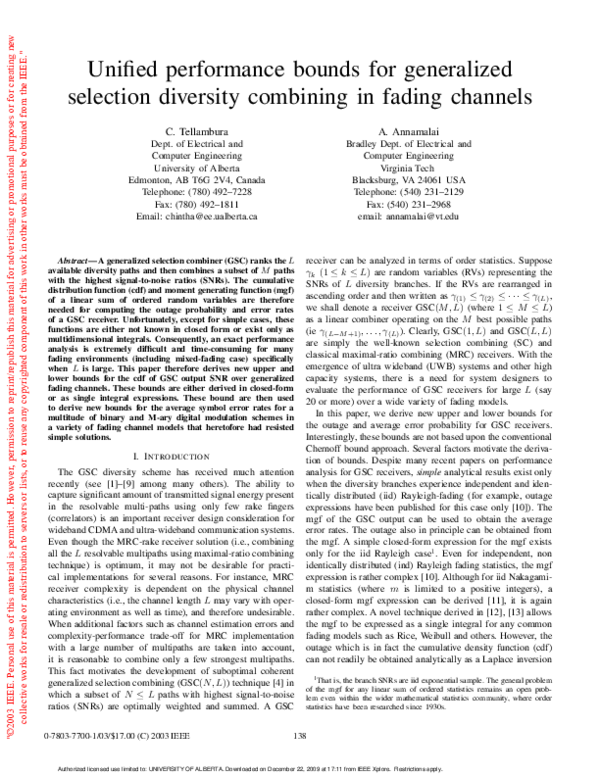 (PDF) Unified performance bounds for generalized selection diversity combining in fading channels