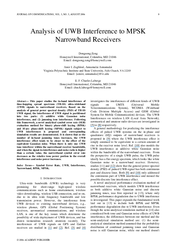 (PDF) Analysis of UWB Interference to MPSK Narrowband Receivers