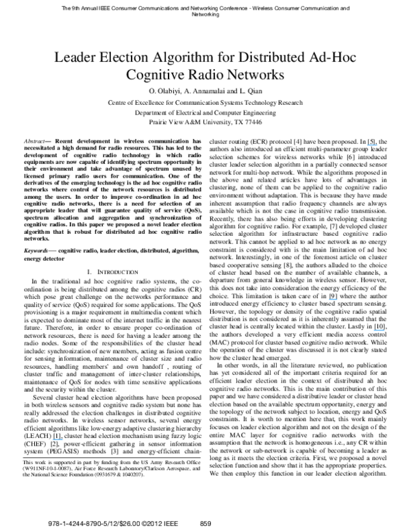 Pdf Leader Election Algorithm For Distributed Ad Hoc Cognitive Radio