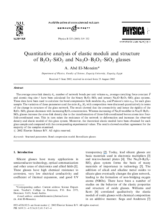(PDF) Quantitative analysis of elastic moduli and structure of B2O3–SiO2 and Na2O–B2O3–SiO2 glasses