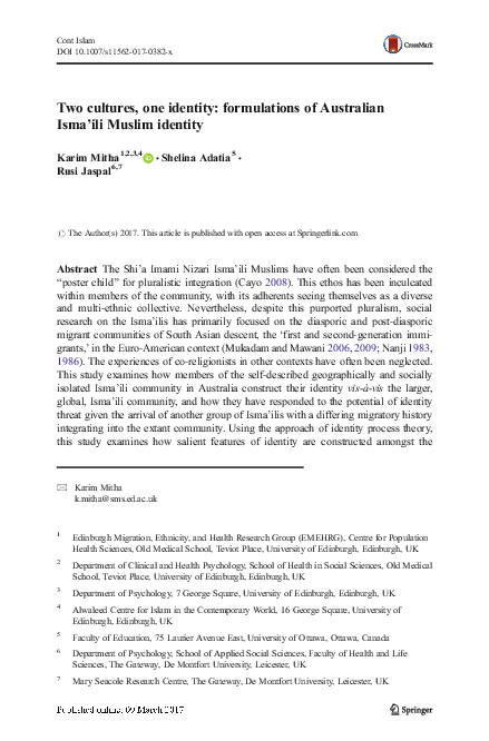 (PDF) Two cultures, one identity: formulations of Australian Isma'ili ...