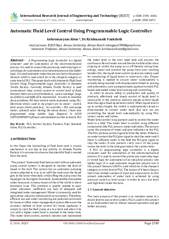 Pdf Automatic Fluid Level Control Using Programmable Logic Controller