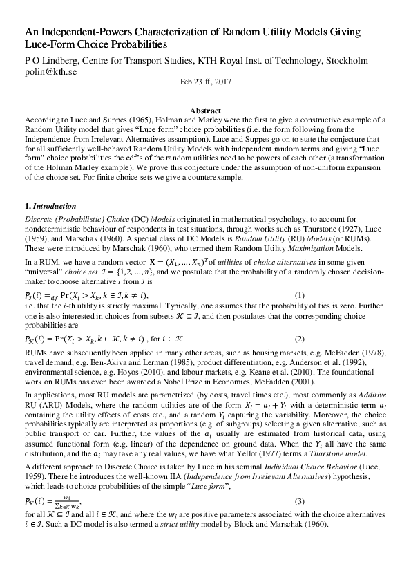 Pdf An Independent Powers Characterization Of Random Utility Models Giving Luce Form Choice