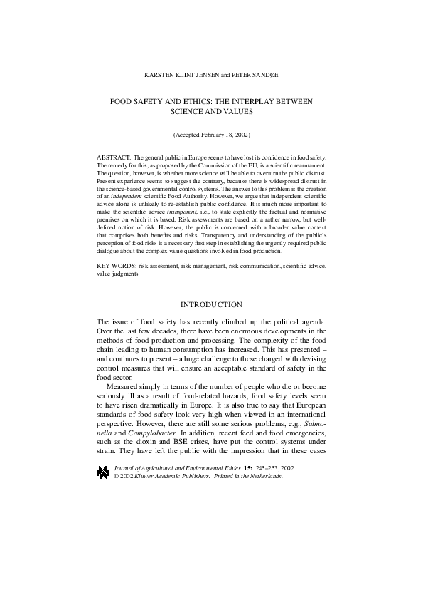 (PDF) Food Safety and Ethics: The Interplay between Science and Values