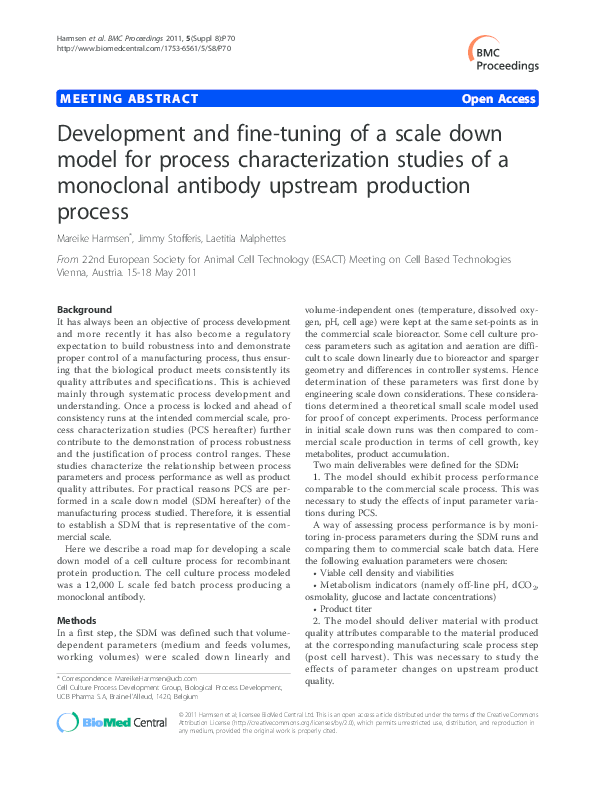 (PDF) Development and fine-tuning of a scale down model for process ...