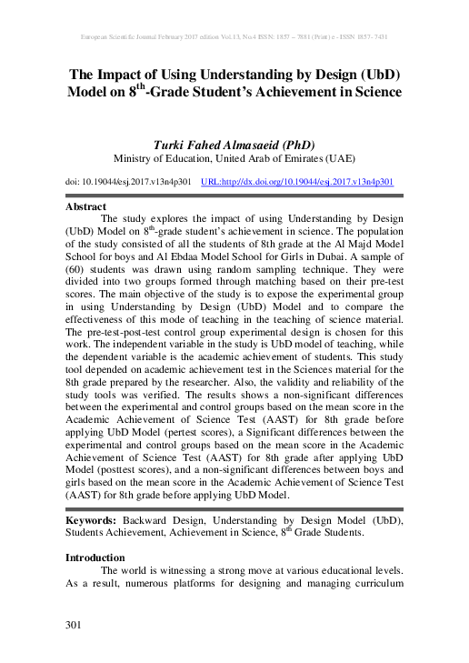 (PDF) The Impact of Using Understanding by Design (UbD) Model on 8 th ...
