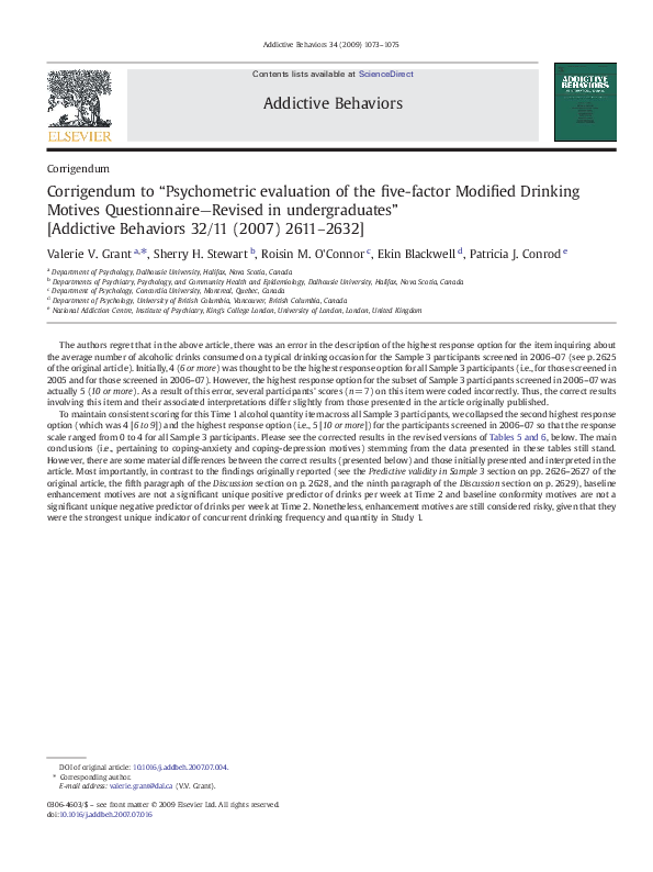 (PDF) Corrigendum to “Psychometric evaluation of the five-factor ...