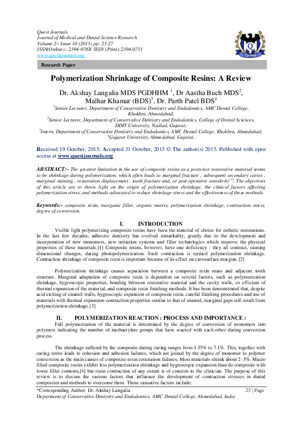 Pdf Polymerization Shrinkage Of Composite Resins A Review