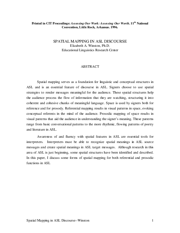 Pdf Spatial Mapping In Asl Discourse Winston Spatial Mapping In Asl Discourse