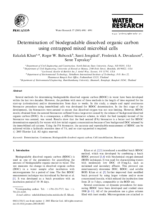(PDF) Determination of biodegradable dissolved organic carbon using entrapped mixed microbial cells