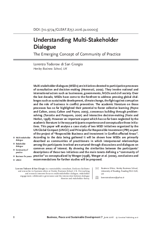 (PDF) Understanding Multi-Stakeholder Dialogue The Emerging Concept of ...