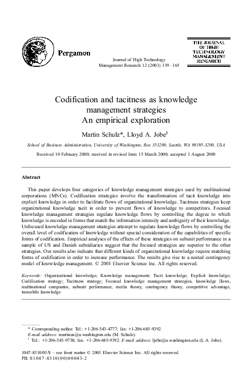 (PDF) Codification and tacitness as knowledge management strategies: an empirical exploration