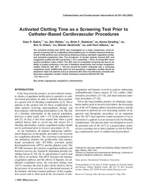 (PDF) Activated clotting time as a screening test prior to catheter ...