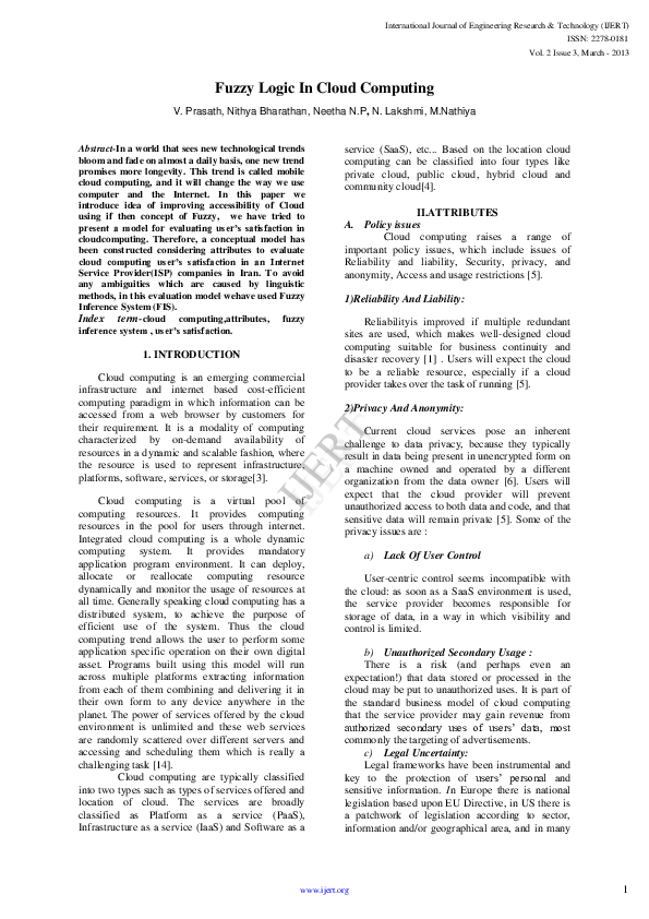 (PDF) Fuzzy Logic In Cloud Computing