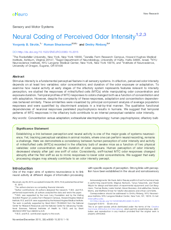 (PDF) Neural Coding of Perceived Odor Intensity | Yevgeniy Sirotin and ...