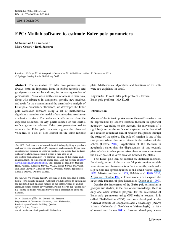 (PDF) EPC: Matlab software to estimate Euler pole parameters