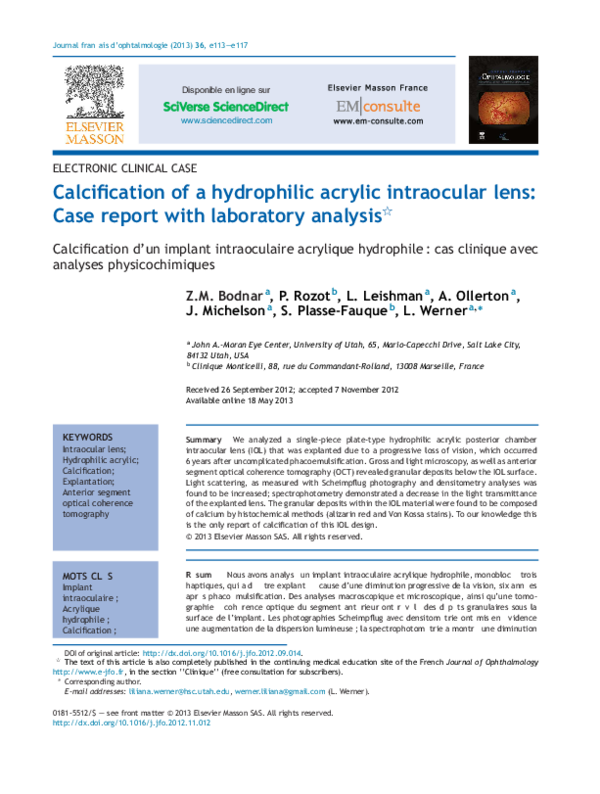 (PDF) Calcification of a hydrophilic acrylic intraocular lens: Case ...