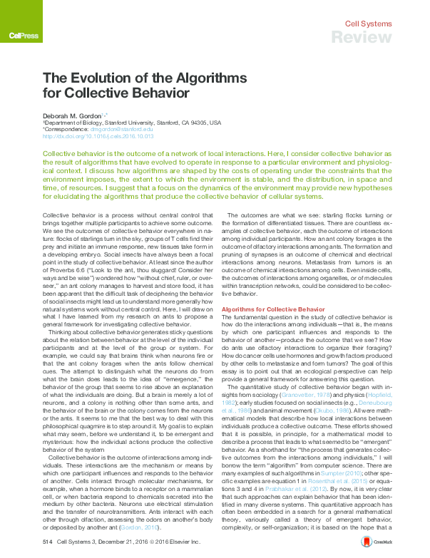 (PDF) The Evolution of the Algorithms for Collective Behavior