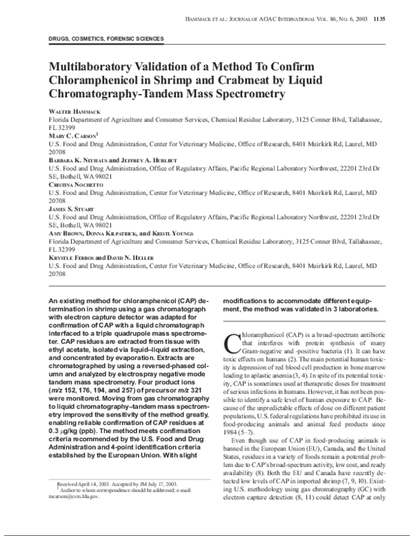 (PDF) Multilaboratory validation of a method to confirm chloramphenicol in shrimp and crabmeat ...