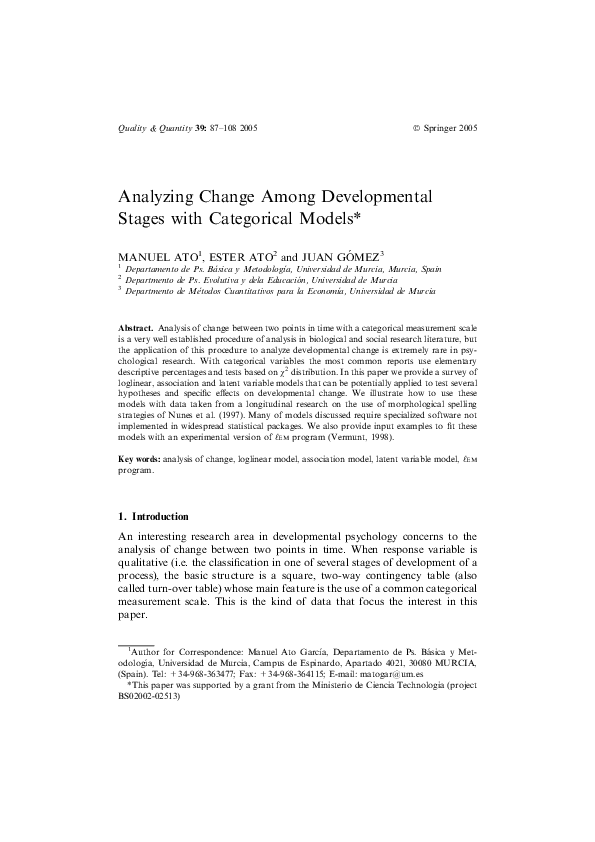 (PDF) Analyzing Change Among Developmental Stages with Categorical Models