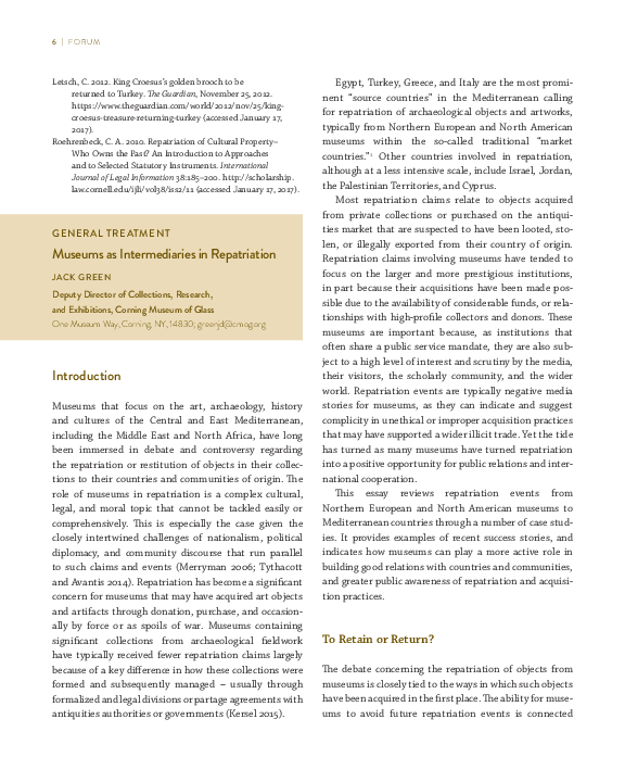 (PDF) General Treatment: Museums as Intermediaries in Repatriation