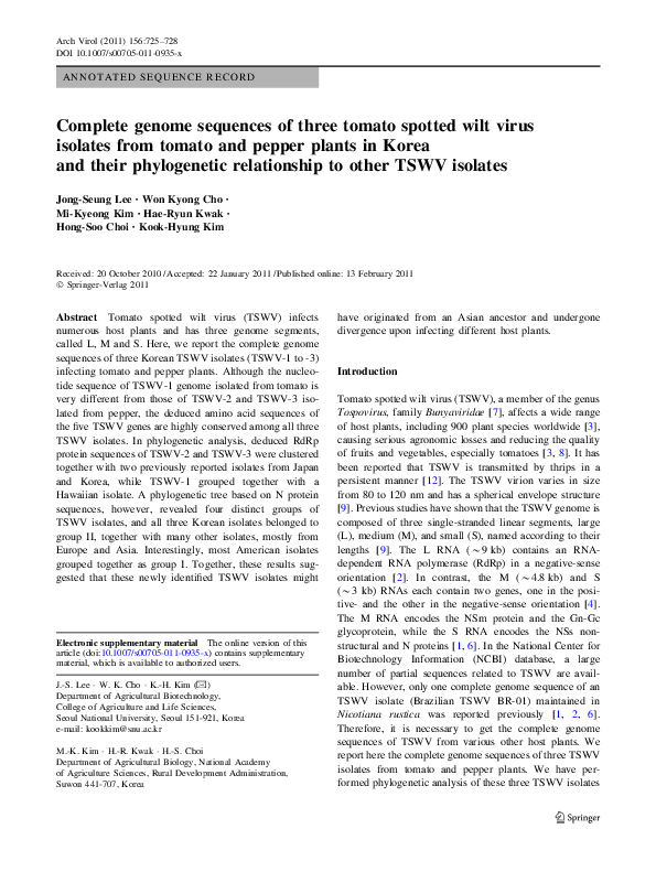 (PDF) Complete genome sequences of three tomato spotted wilt virus ...