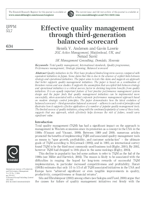 (PDF) Effective quality management through third-generation balanced scorecard