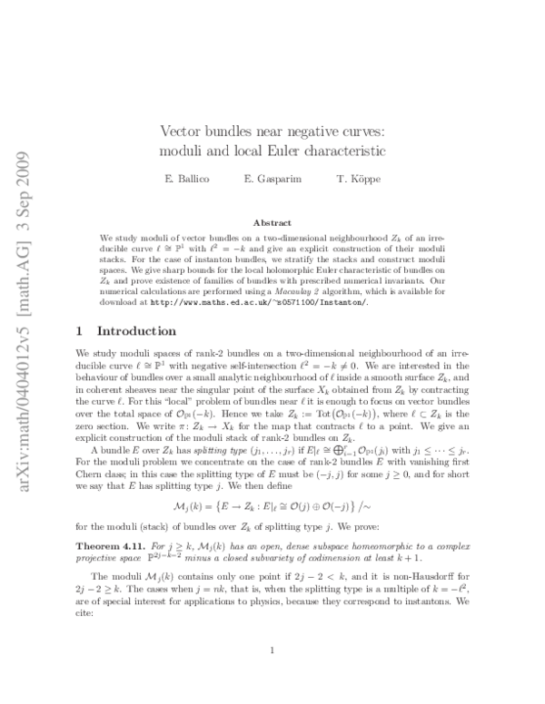 Pdf Vector Bundles Near Negative Curves Moduli And Local Euler Characteristic