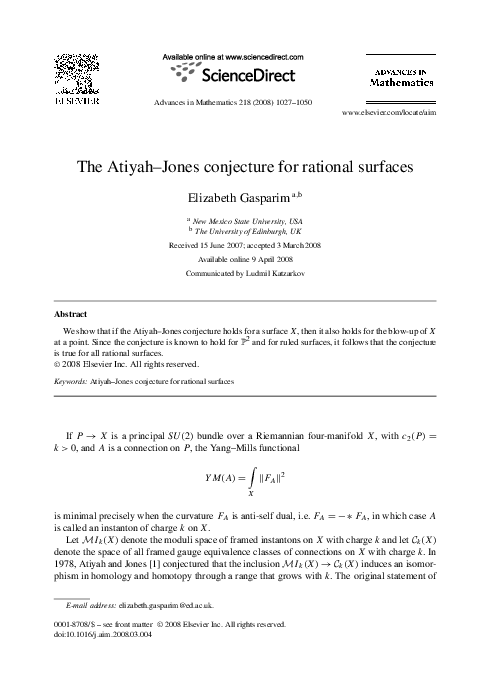 (PDF) Atiyah Jones conjecture for blown-up surfaces | Elizabeth ...