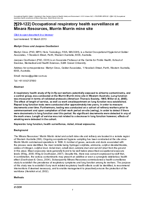 (PDF) respiratory health surveillance at Minara Resources, Murrin ...