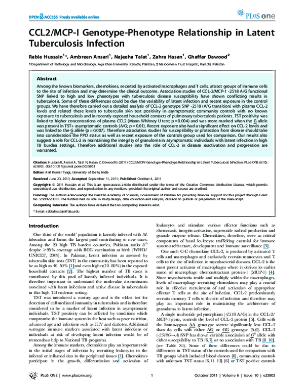 (PDF) CCL2/MCP-I Genotype-Phenotype Relationship in Latent Tuberculosis ...