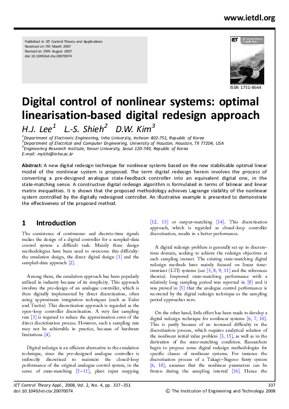 (PDF) Digital control of nonlinear systems: optimal linearisation-based ...