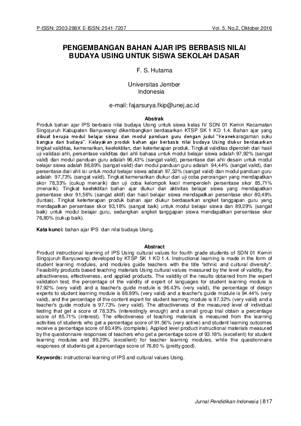 (PDF) PENGEMBANGAN BAHAN AJAR IPS BERBASIS NILAI BUDAYA USING UNTUK SISWA SEKOLAH DASAR