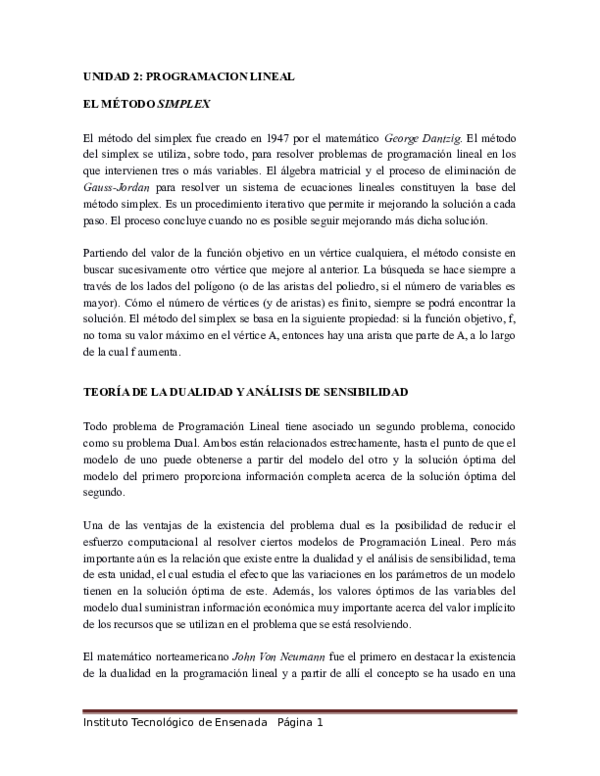 (DOC) UNIDAD 2: PROGRAMACION LINEAL EL MÉTODO SIMPLEX