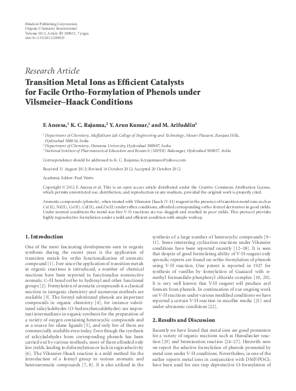 (PDF) Transition Metal Ions as Efficient Catalysts for Facile Ortho ...