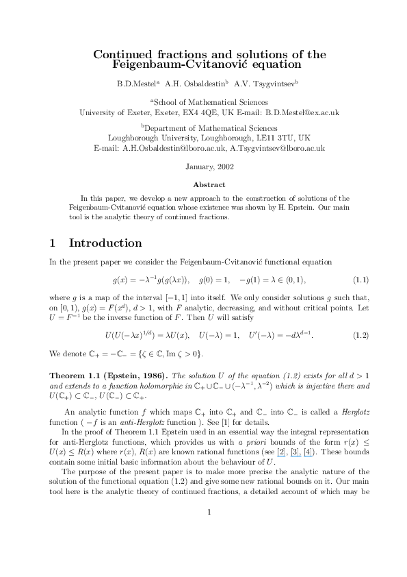 (PDF) Continued fractions and solutions of the Feigenbaum–Cvitanović ...
