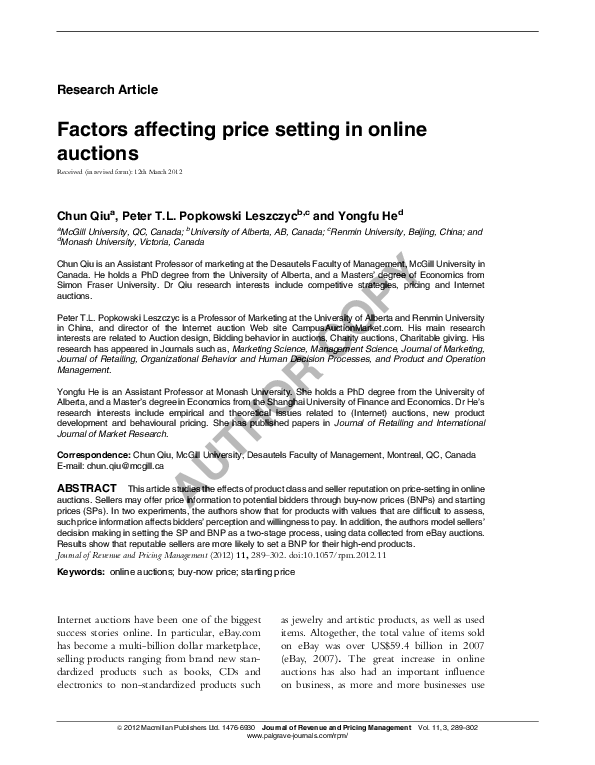 (PDF) Factors affecting price setting in online auctions