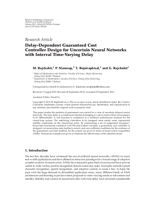 (PDF) Delay-Dependent Guaranteed Cost Controller Design for Uncertain Neural Networks with ...