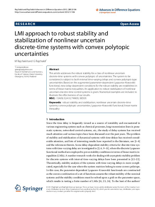(PDF) Robust Stability of Nonlinear Discrete-Time Systems Using LMI