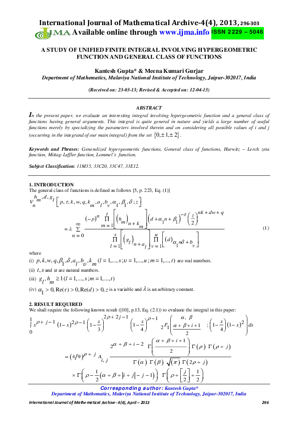 (PDF) A STUDY OF UNIFIED FINITE INTEGRAL INVOLVING HYPERGEOMETRIC FUNCTION AND GENERAL CLASS OF ...