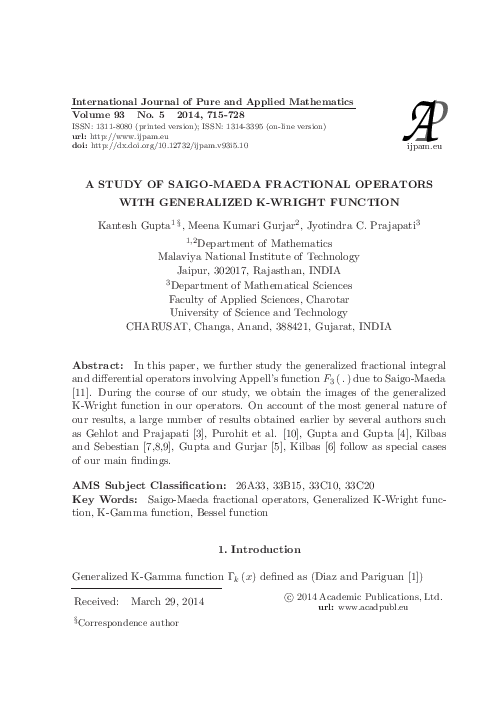 (PDF) A STUDY OF SAIGO-MAEDA FRACTIONAL OPERATORS WITH GENERALIZED K-WRIGHT FUNCTION