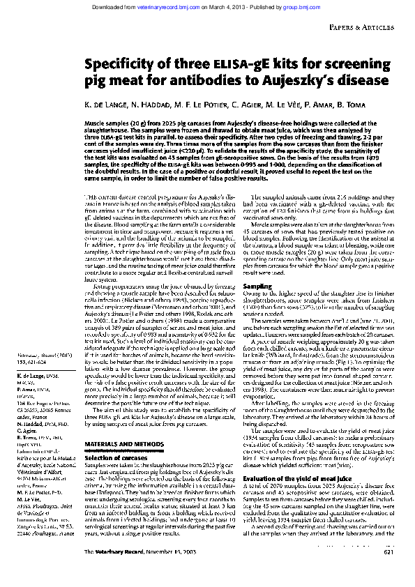 (PDF) Specificity of three ELISA-gE kits for screening pig meat for ...