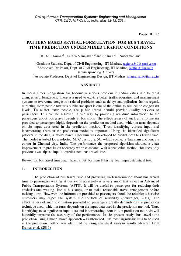 (PDF) Pattern Based Spatial Formulation for Bus Travel Time Prediction ...