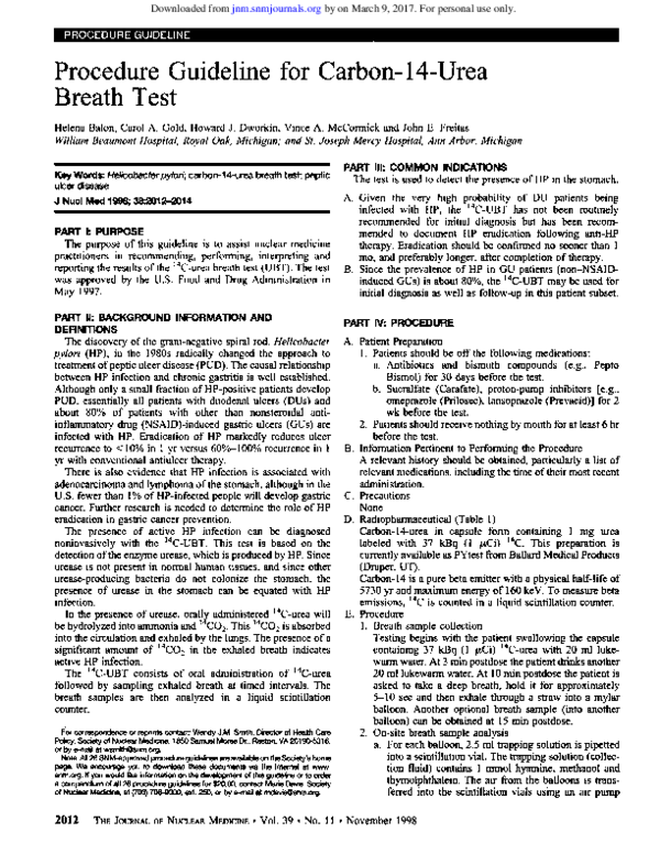 (PDF) Procedure Guideline for Carbon-14-Urea Breath Test