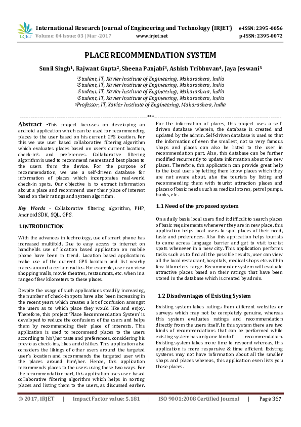 (PDF) IRJET-PLACE RECOMMENDATION SYSTEM