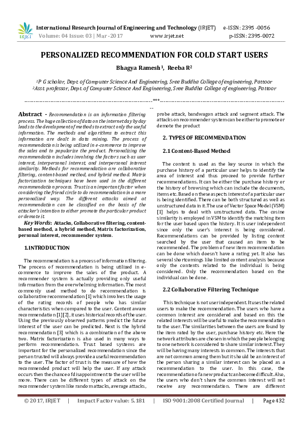 (PDF) IRJET-PERSONALIZED RECOMMENDATION FOR COLD START USERS