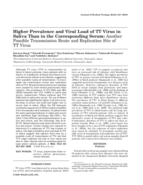(PDF) Higher prevalence and viral load of TT virus in saliva than in ...