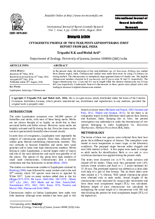 (PDF) CYTOGENETIC PROFILE OF TWO TEAK PESTS LEPIDOPTERANS: FIRST REPORT ...
