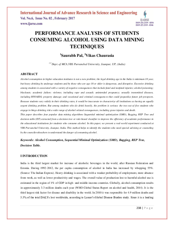 (PDF) PERFORMANCE ANALYSIS OF STUDENTS CONSUMING ALCOHOL USING DATA MINING TECHNIQUES