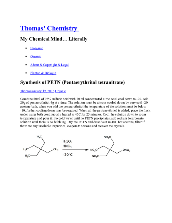(DOC) Thomas' Chemistry Synthesis of PETN (Pentaerythritol tetranitrate